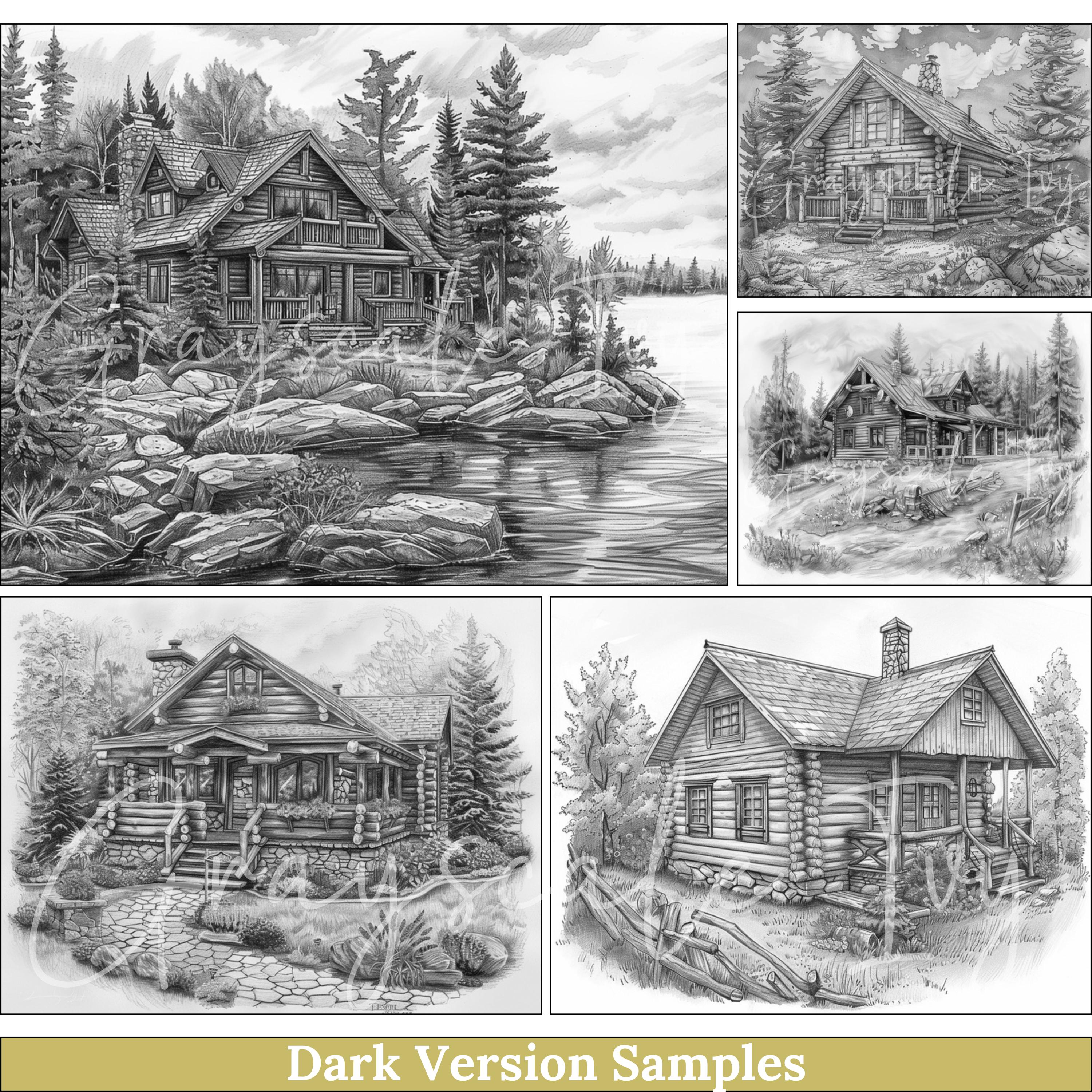 Cozy Cabins, 100 Coloring Pages, Stress Relief, Grayscale Drawings ...