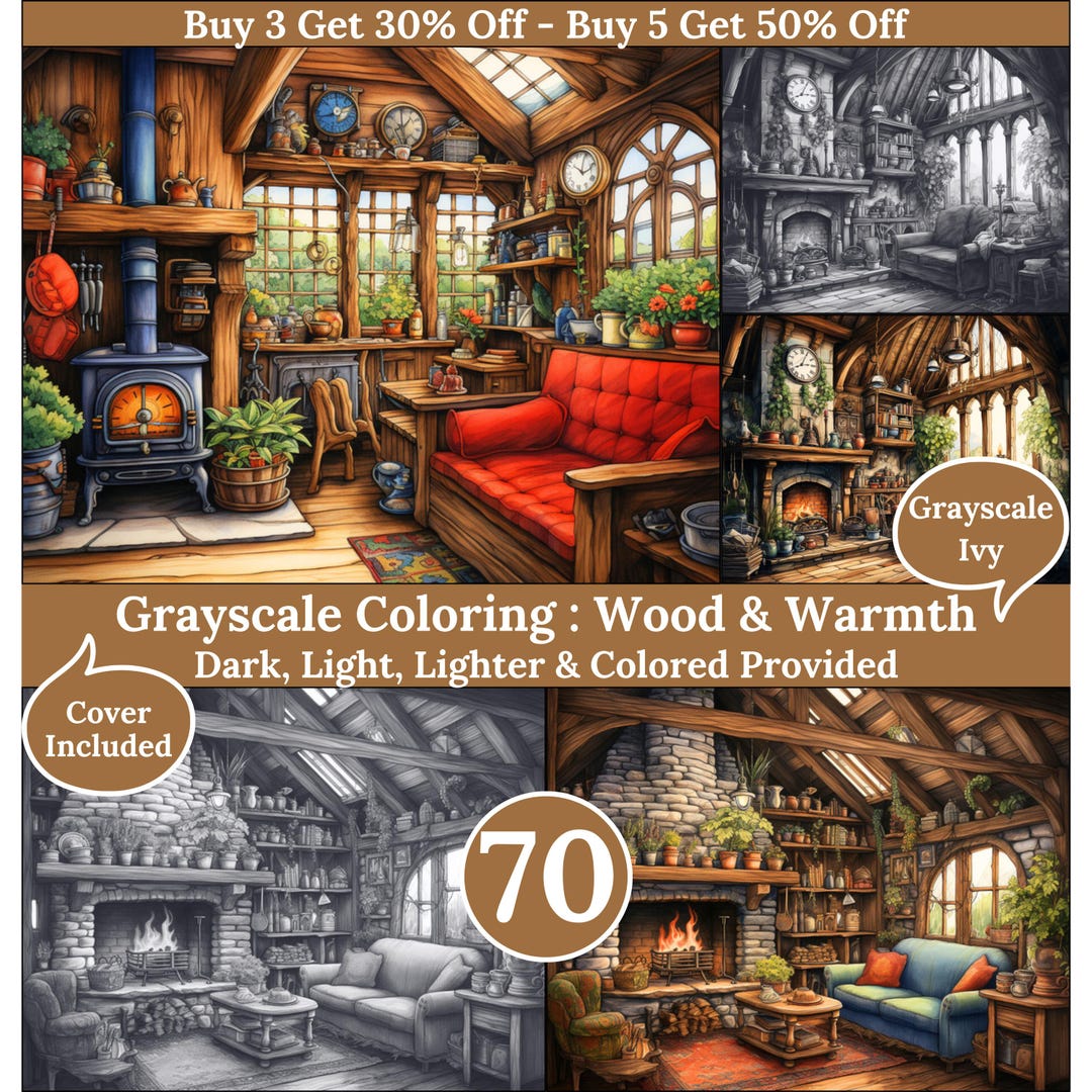 Wood Warmth, 70 Grayscale Coloring Pages, Cozy Wood House Interior ...