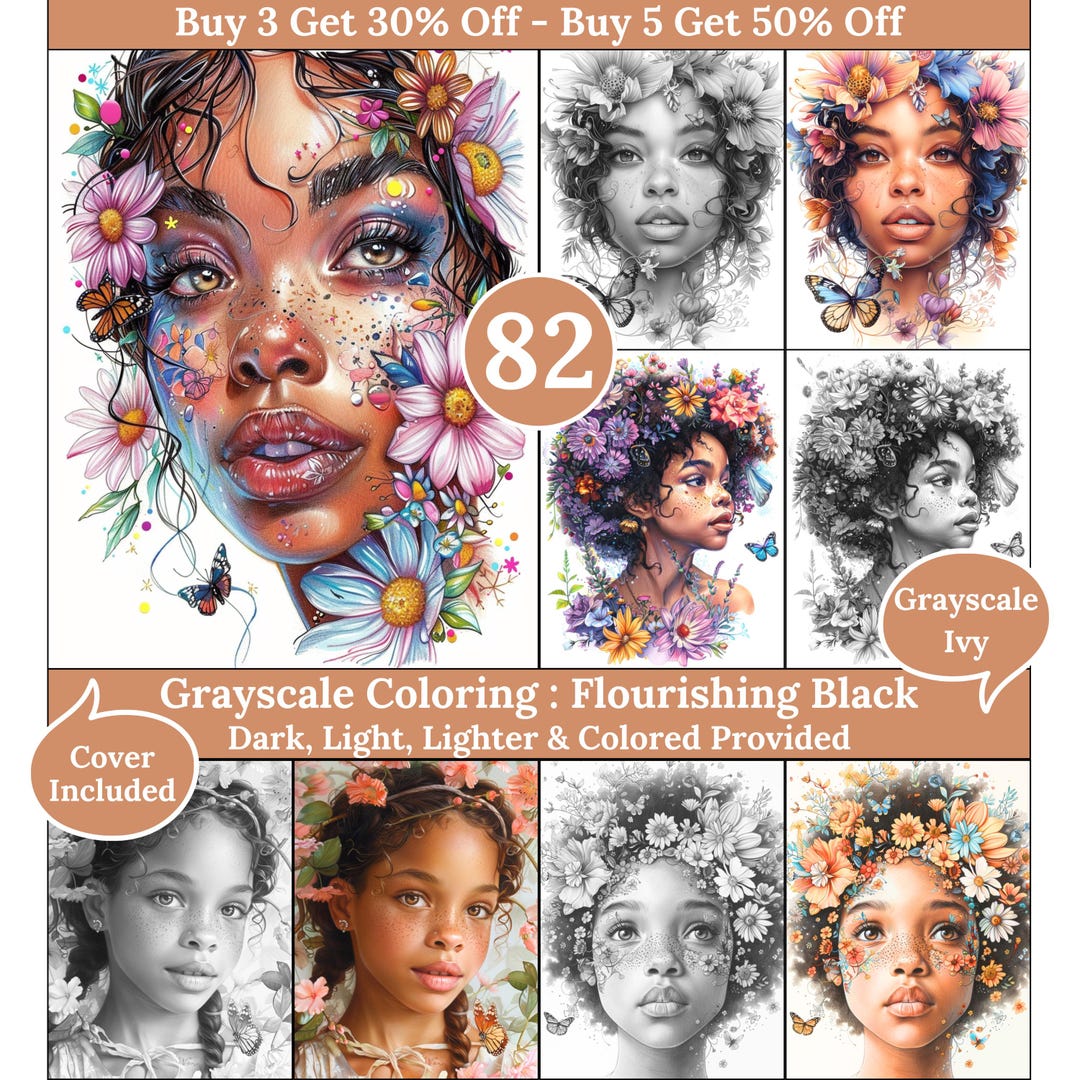 Flourishing Black, 82 Coloring Pages, Stress Relief, Grayscale Drawings ...