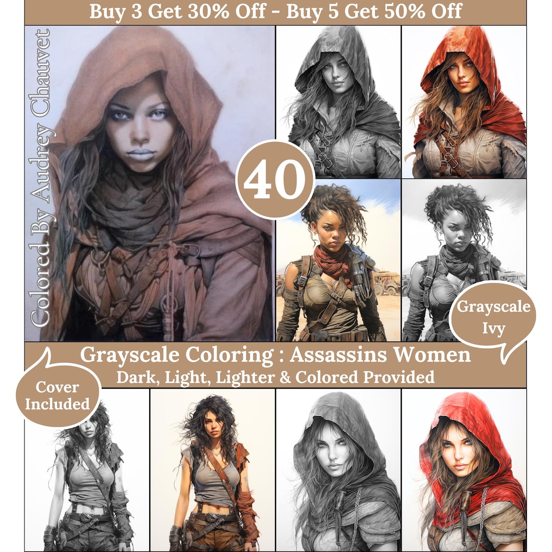 Assassins Women, 40 Coloring Pages, Stress Relief, Grayscale Drawings ...