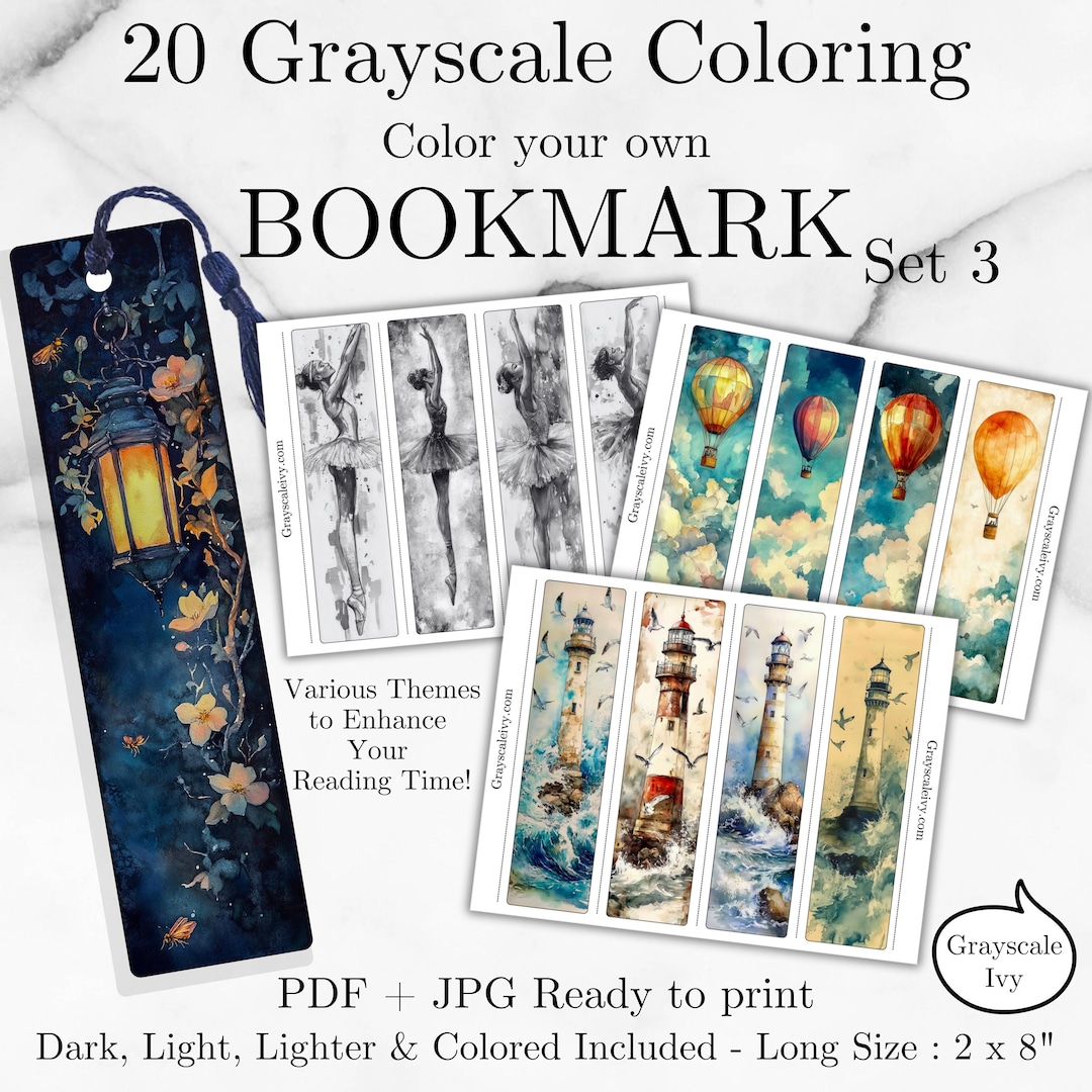 Color Your Own Bookmark Set 3, 20 Grayscale Coloring, PDF and JPG Ready ...