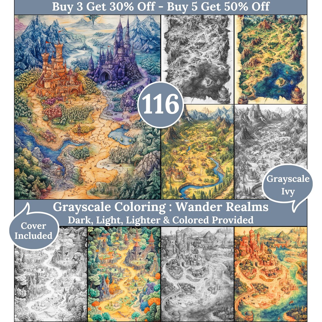 Wander Realms, 116 Grayscale Coloring Pages, Fantasy Landscapes and ...