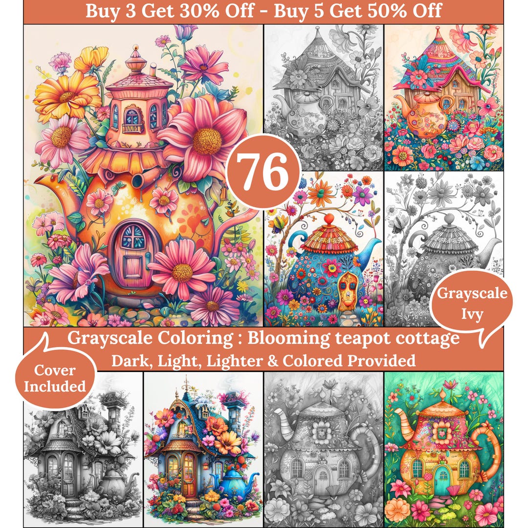 Blooming Teapot Cottage, 76 Grayscale Pages, Whimsical Teapot Homes ...