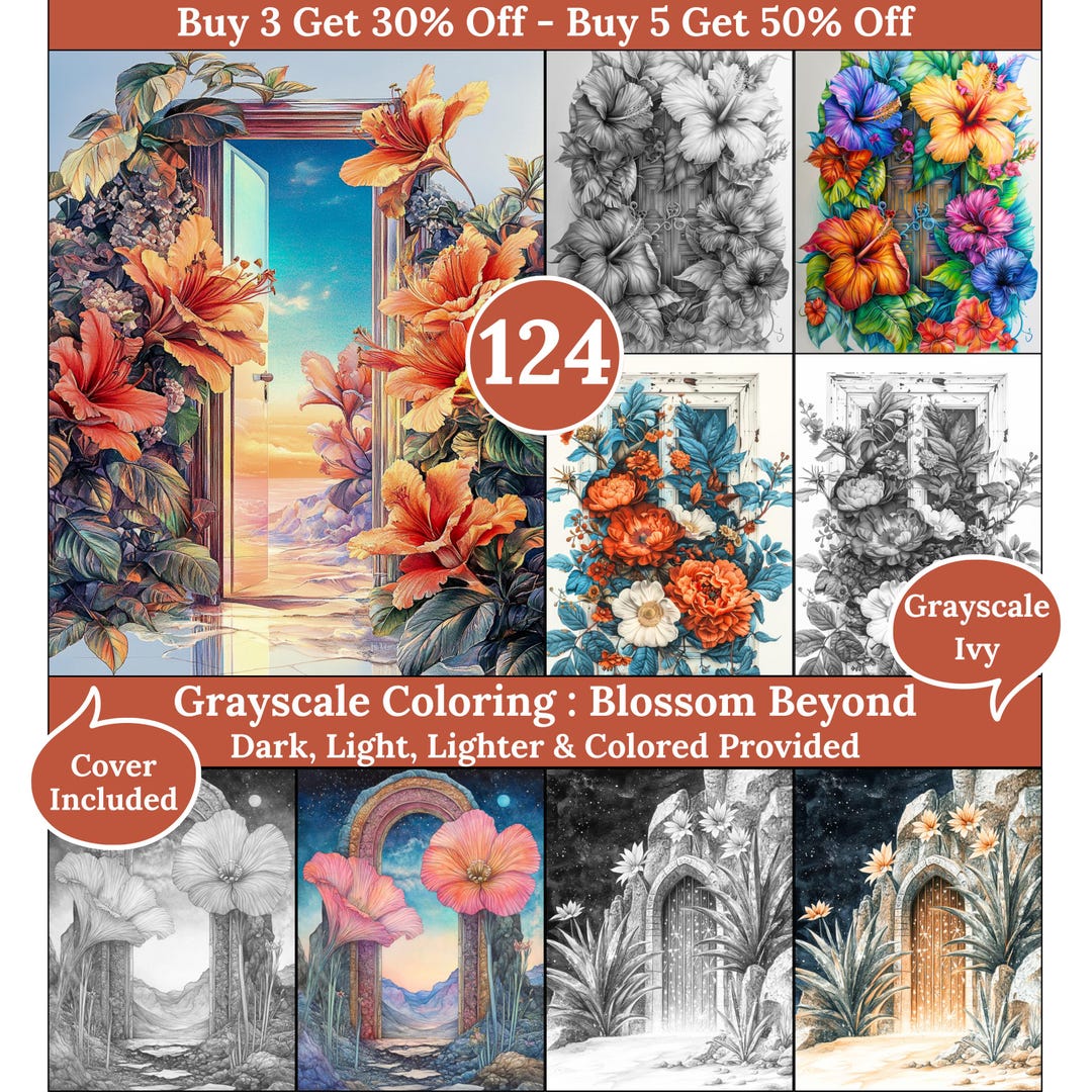 Blossom Beyond, 124 Coloring Pages, Stress Relief, Grayscale Drawings ...
