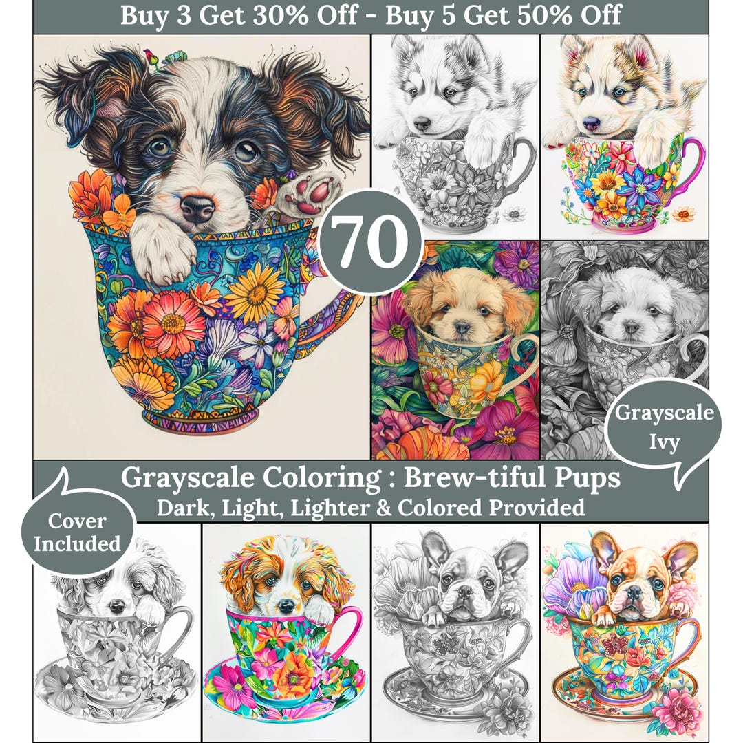 Brew-tiful Pups, 70 Coloring Pages, Stress Relief, Grayscale Drawings ...