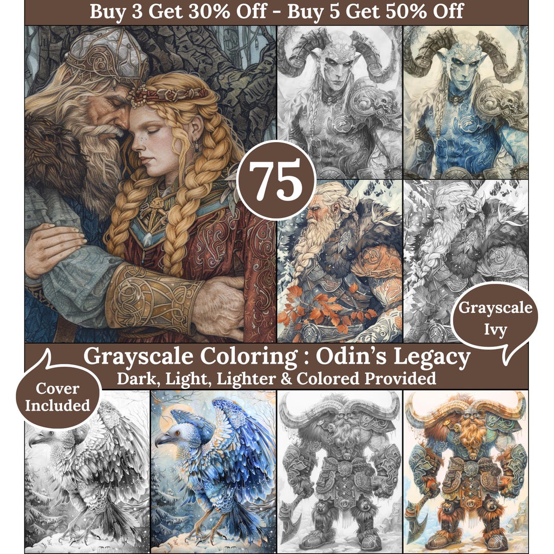 Odin's Legacy: 75 Grayscale Coloring Pages for Adult, Norse Mythology ...