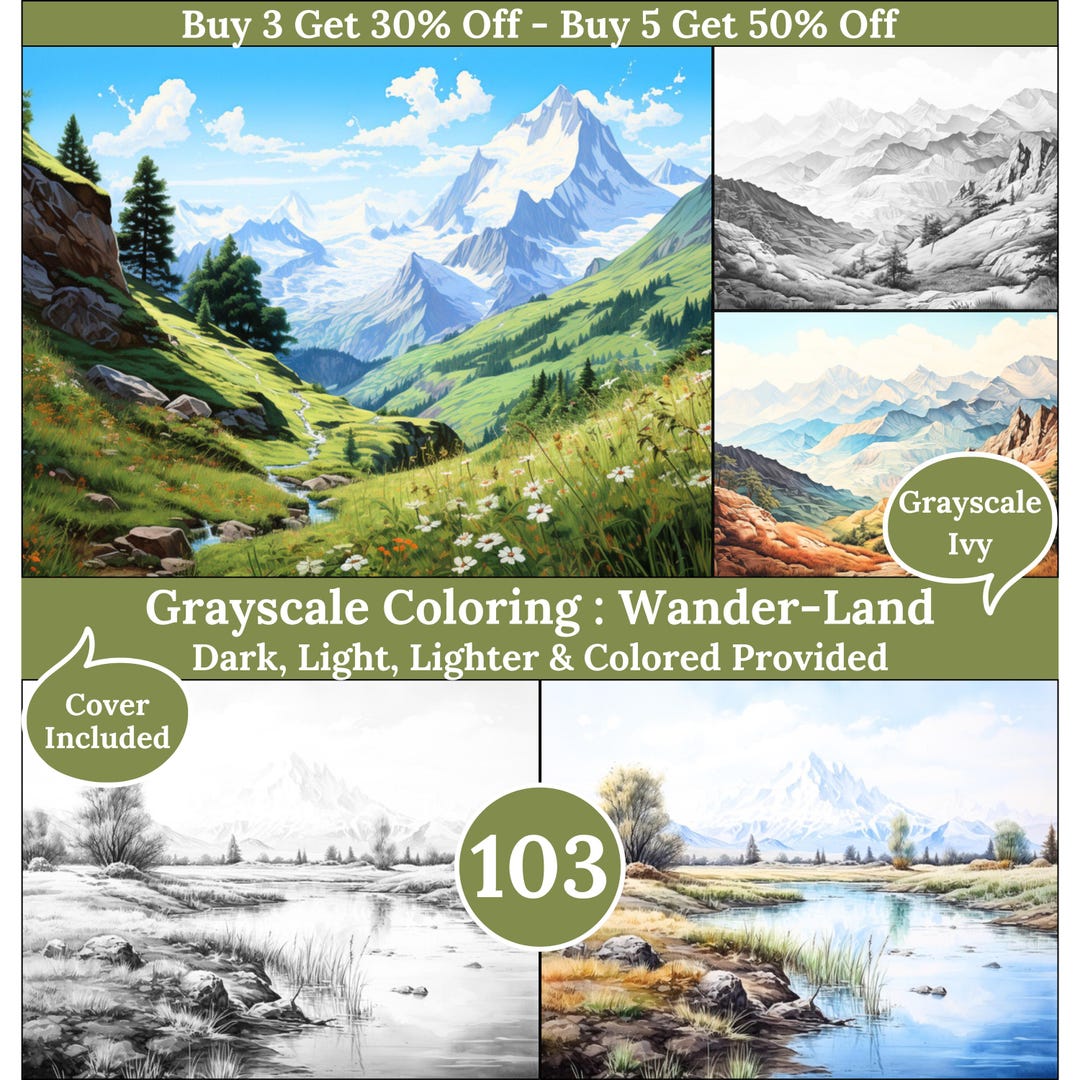 Wander-land, 103 Grayscale Coloring for Adults, Dark Light Lighter ...