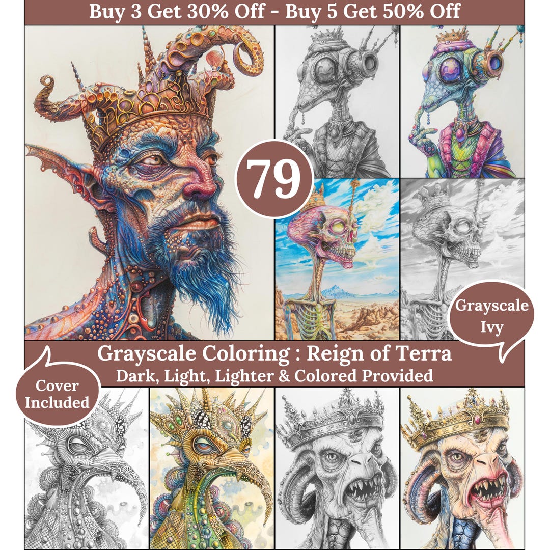 Reign of Terra, 79 Coloring Pages, Stress Relief, Grayscale Drawings ...