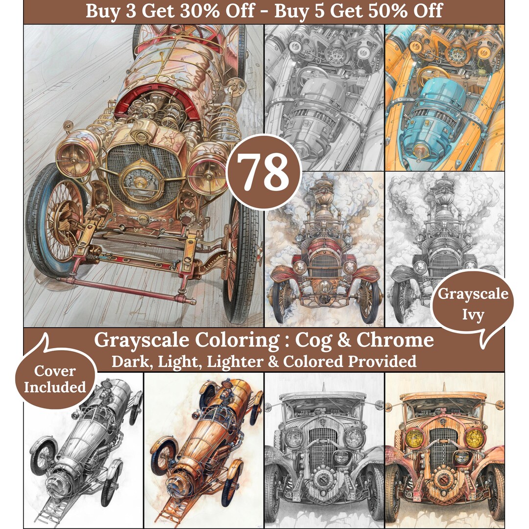Cog and Chrome, 78 Coloring Pages, Stress Relief, Grayscale Drawings ...