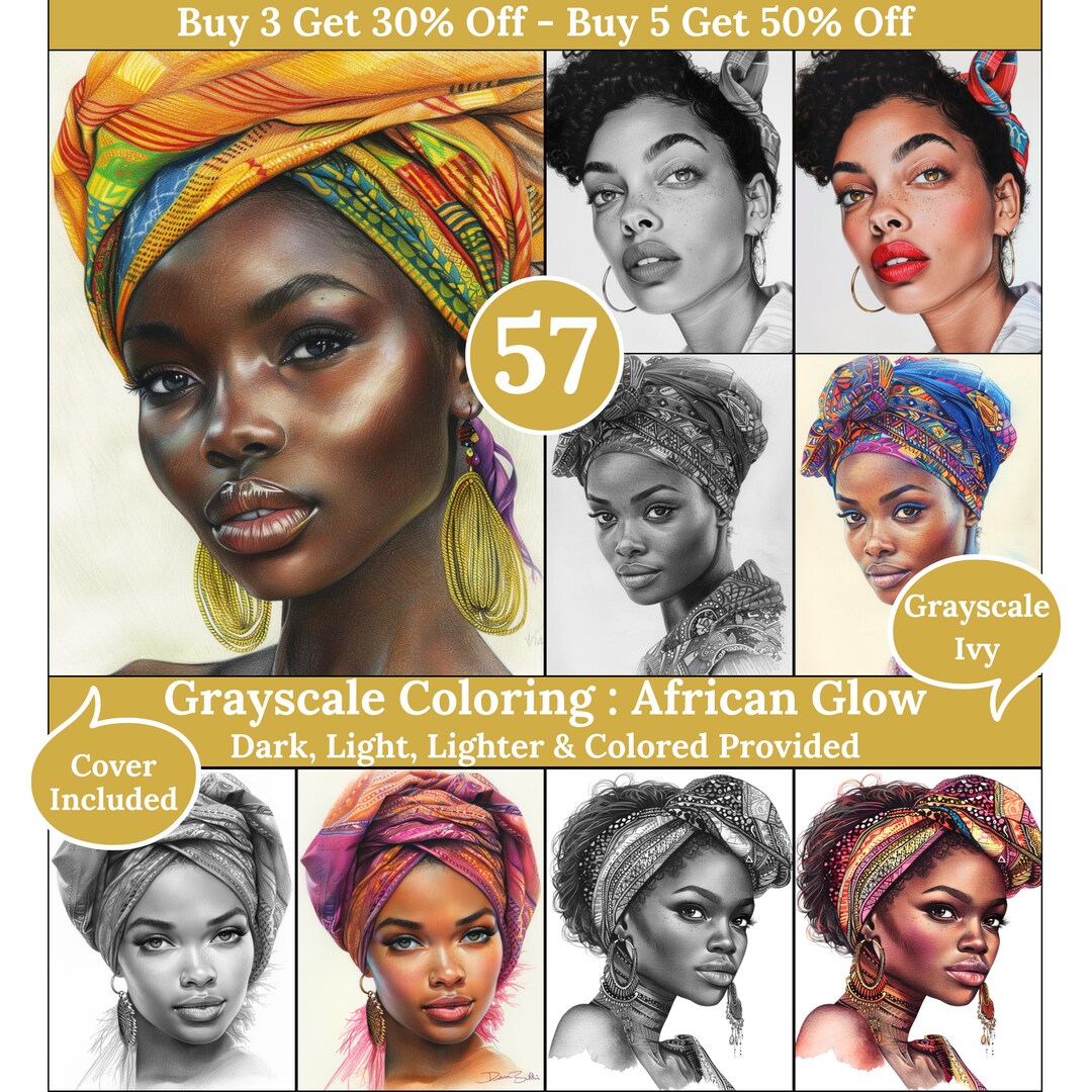 African Glow, 57 Coloring Pages, Stress Relief, Grayscale Drawings ...