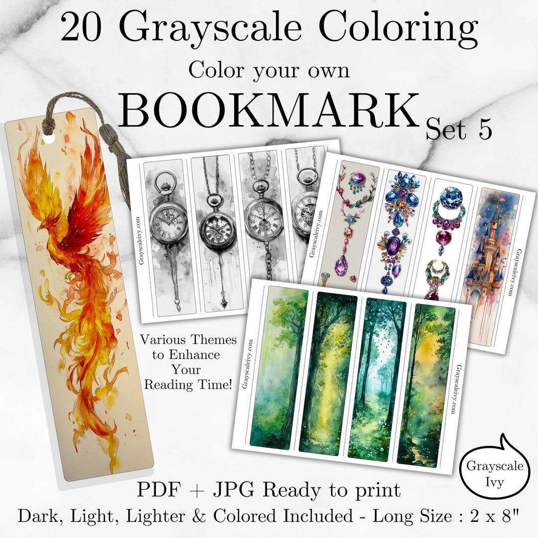 Color Your Own Bookmark Set 5, 20 Grayscale Coloring, PDF and JPG Ready ...