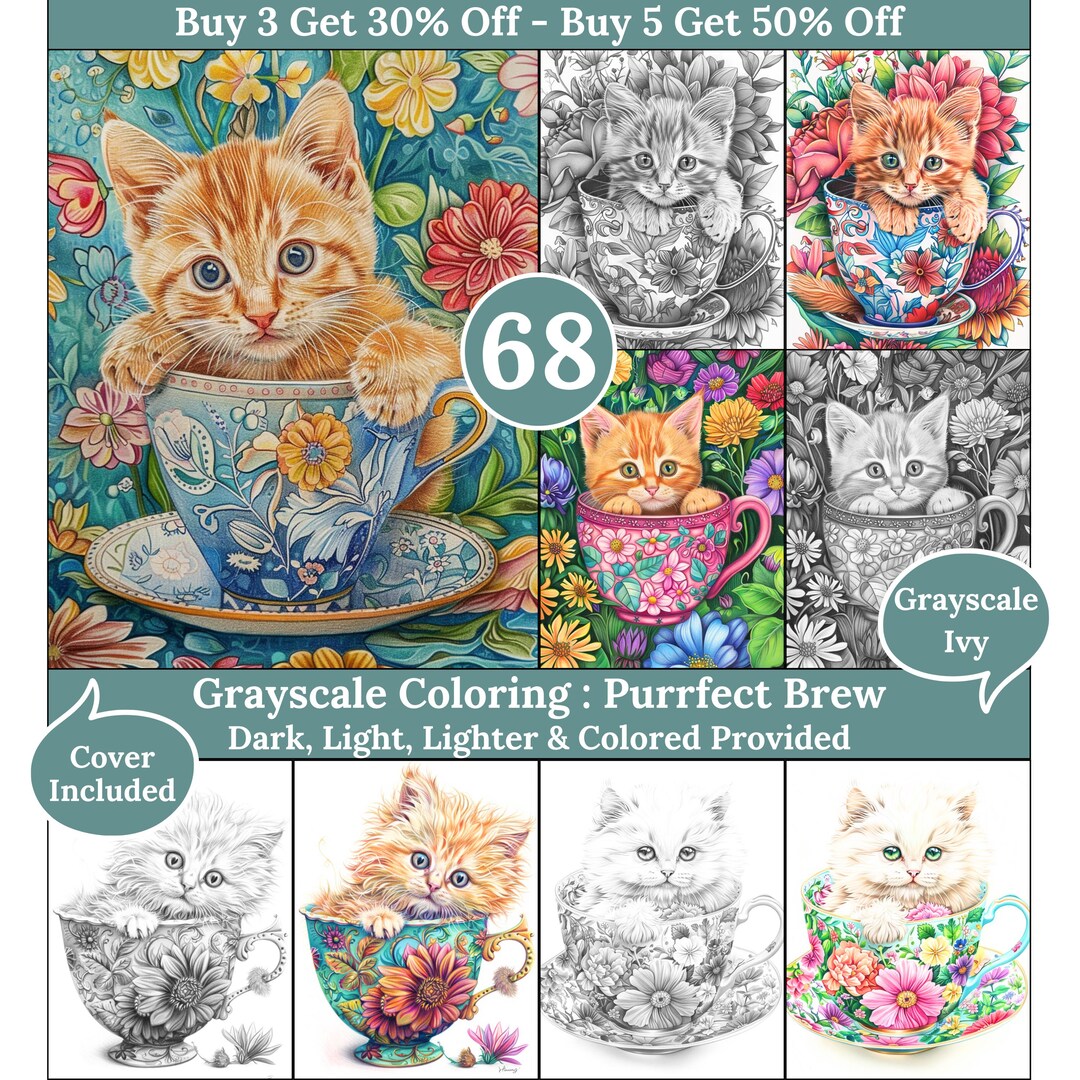 Purrfect Brew, 68 Drawings, Grayscale Coloring for Adults, Dark Light ...