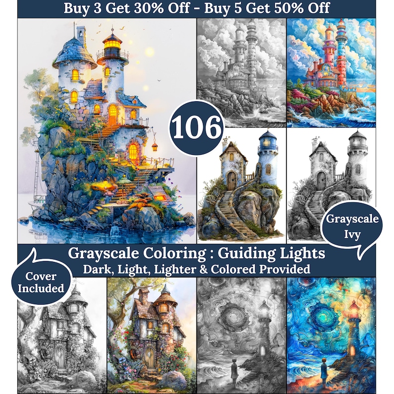 Guiding Lights, 106 Coloring Pages, Stress Relief, Grayscale Drawings ...
