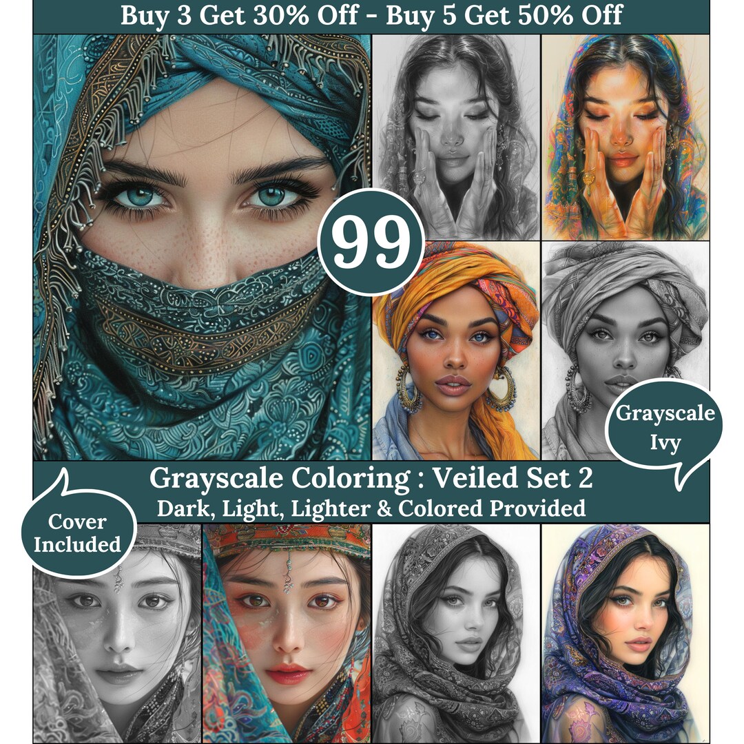 Veiled Set 2, 99 Grayscale Coloring Pages, Gorgeous Beautiful Veiled ...