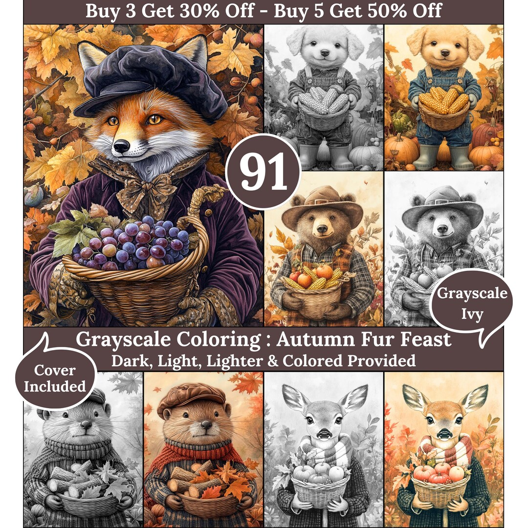Autumn Fur Feast, 91 Grayscale Coloring Pages, Thanksgiving Autumn ...