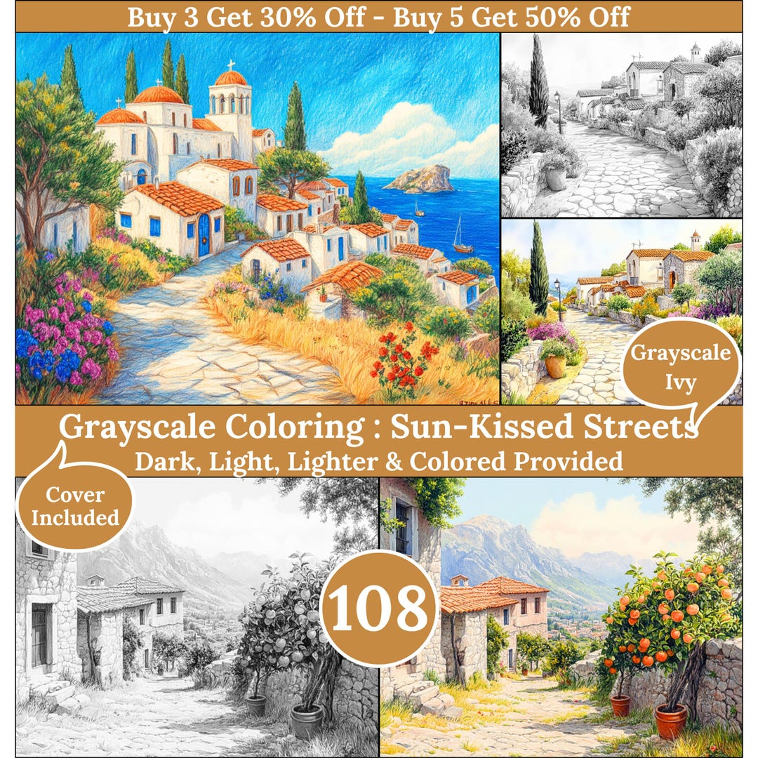 Sun-kissed Streets, 108 Coloring Pages, Stress Relief, Grayscale ...