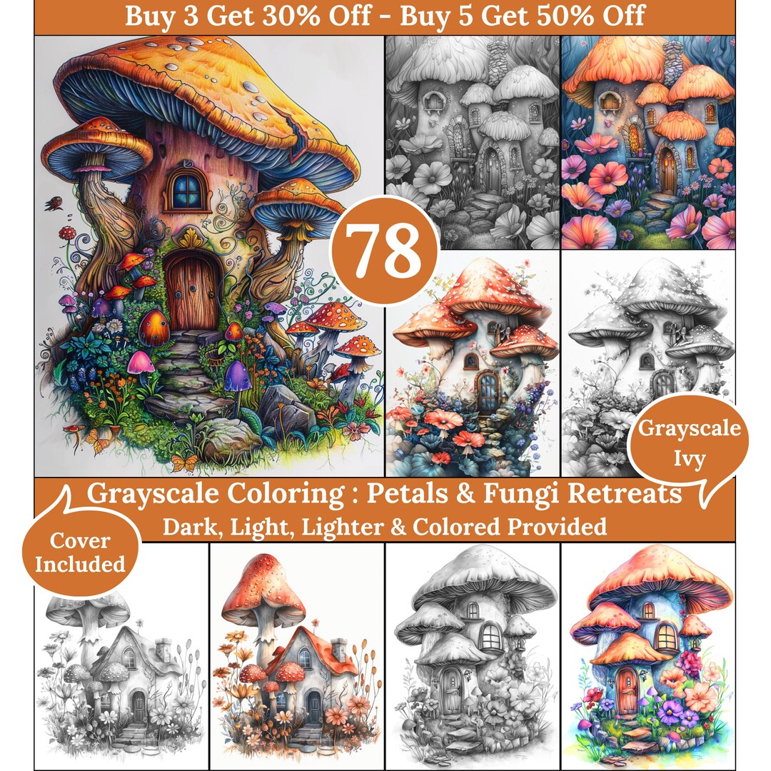 Petals and Fungi Retreats, 78 Coloring Pages for Adults, Stress Relief ...