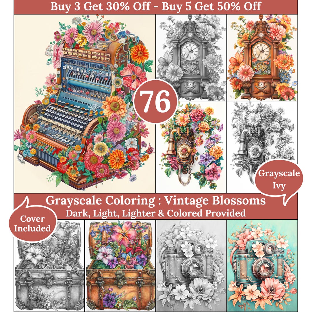 Vintage Blossoms, 76 Coloring Pages, Stress Relief, Grayscale Drawings ...