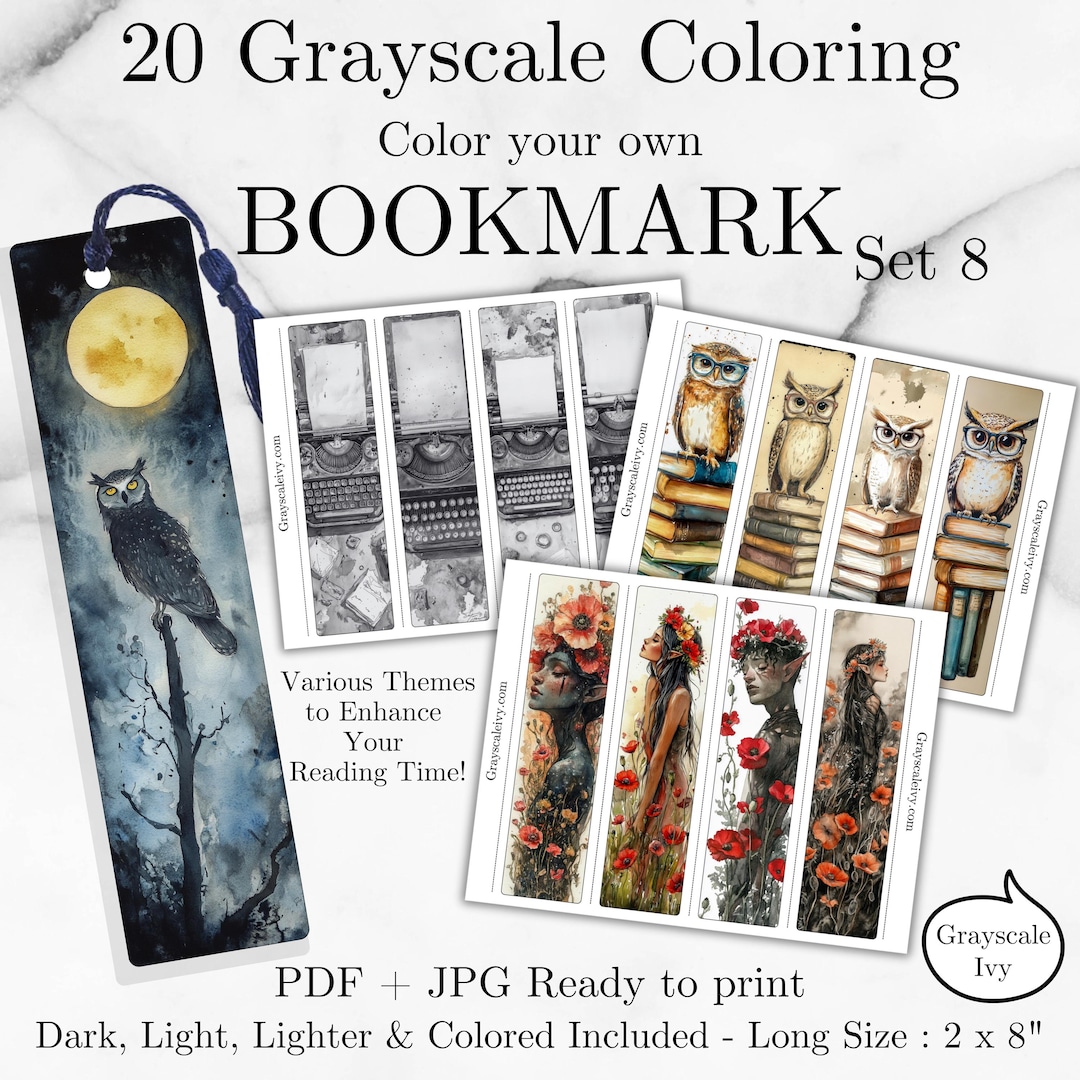 Color Your Own Bookmark Set 8, 20 Grayscale Coloring, PDF and JPG Ready ...