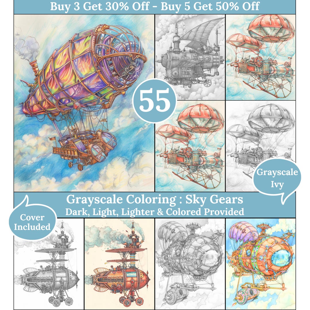 Sky Gears: 55 Grayscale Coloring Pages for Adults, Steampunk Airships ...