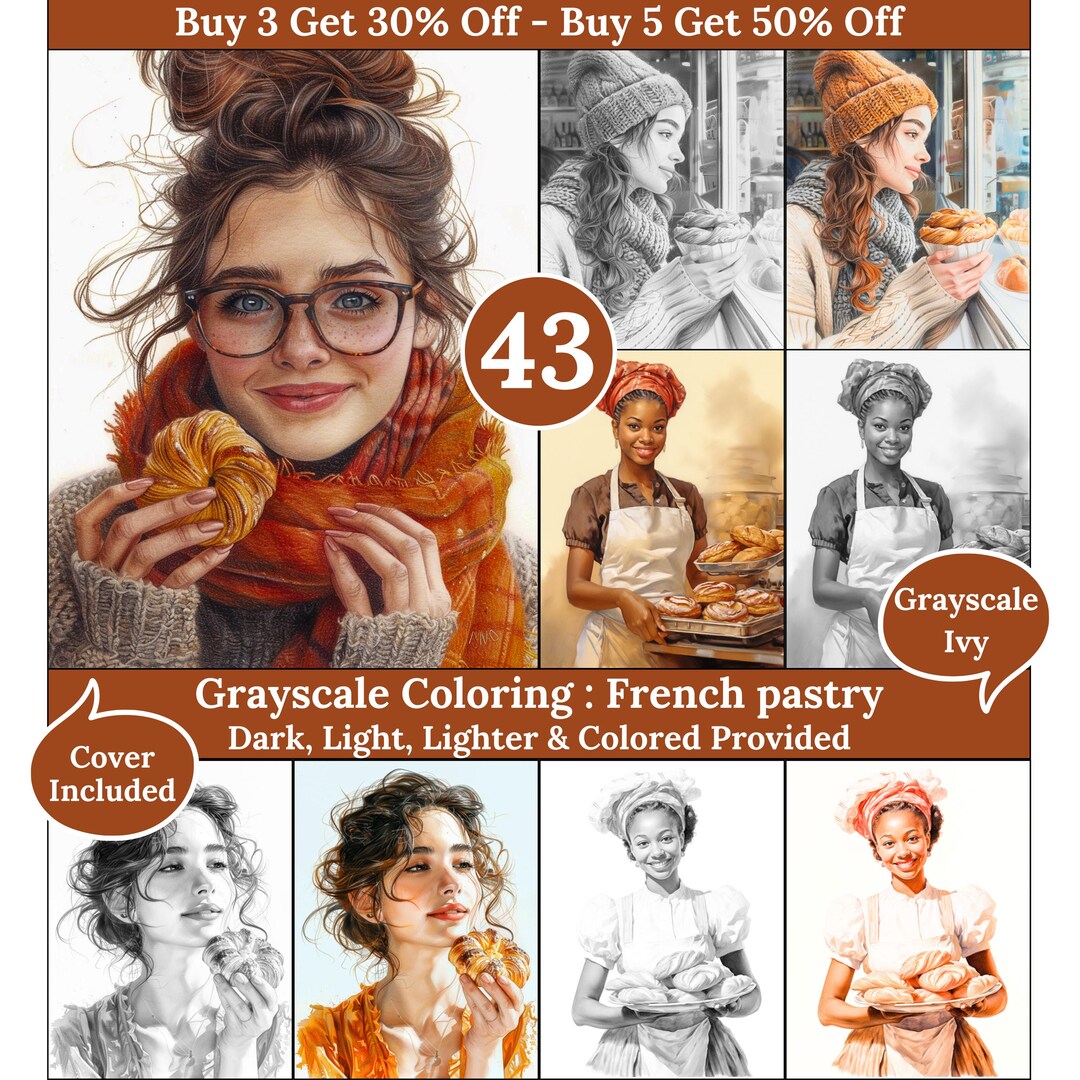 French Pastry, 43 Grayscale Coloring Pages of Women With French Bakery ...