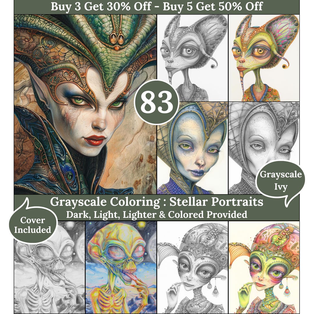 Stellar Portraits, 83 Coloring Pages, Stress Relief, Grayscale Drawings ...
