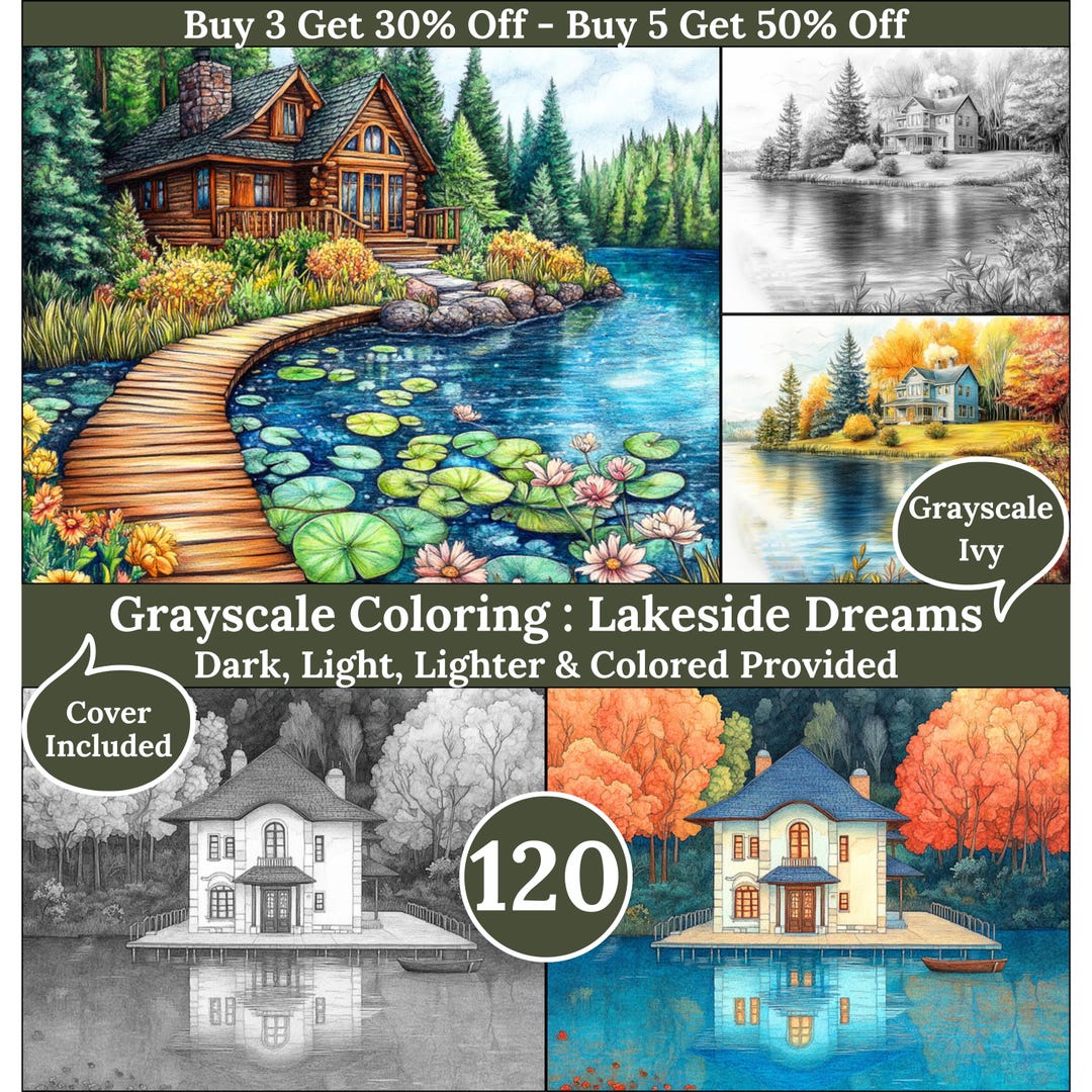 Lakeside Dreams, 120 Coloring Pages, Stress Relief, Grayscale Drawings ...