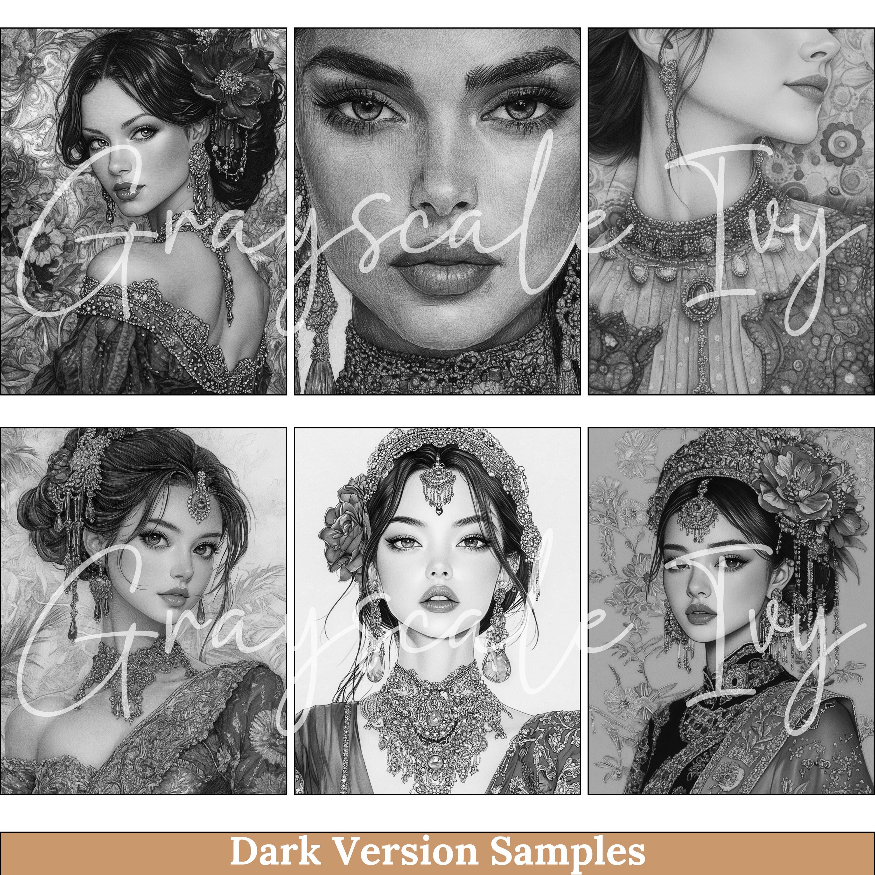 Glam Squad: 77 Grayscale Coloring Pages for Adults, Dark, Light ...