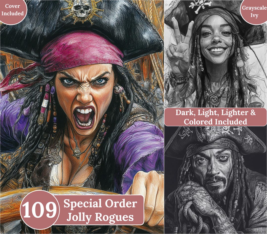 Custom Order, Jolly Rogues, 109 Pirate-themed Printable Grayscale Pages ...
