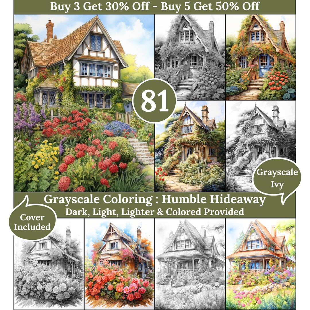 Humble Hideaway, 81 Coloring Pages, Stress Relief, Grayscale Drawings ...