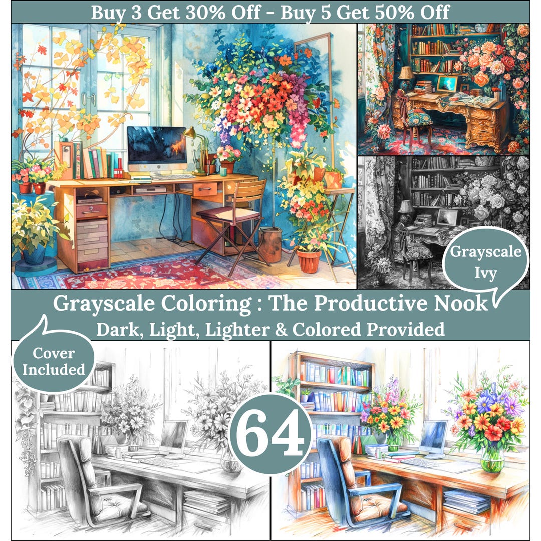 The Productive Nook, 64 Grayscale Coloring Pages, Blooming Desk Working ...
