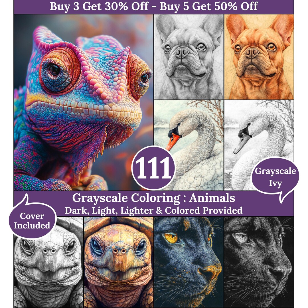 Animals, 111 Grayscale Coloring Pages, Gorgeous Animal Portraits ...