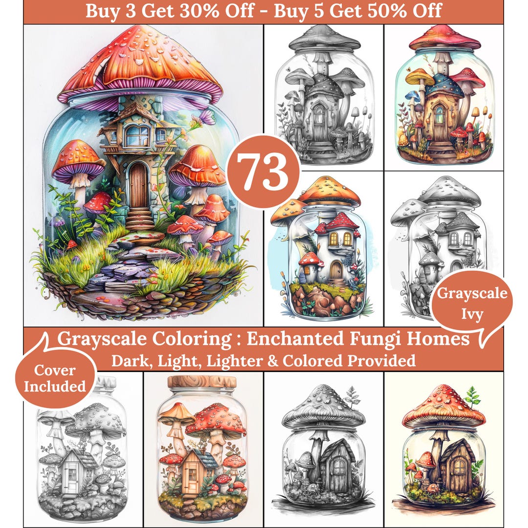 Enchanted Fungi Homes, 73 Coloring Pages, Stress Relief, Grayscale ...