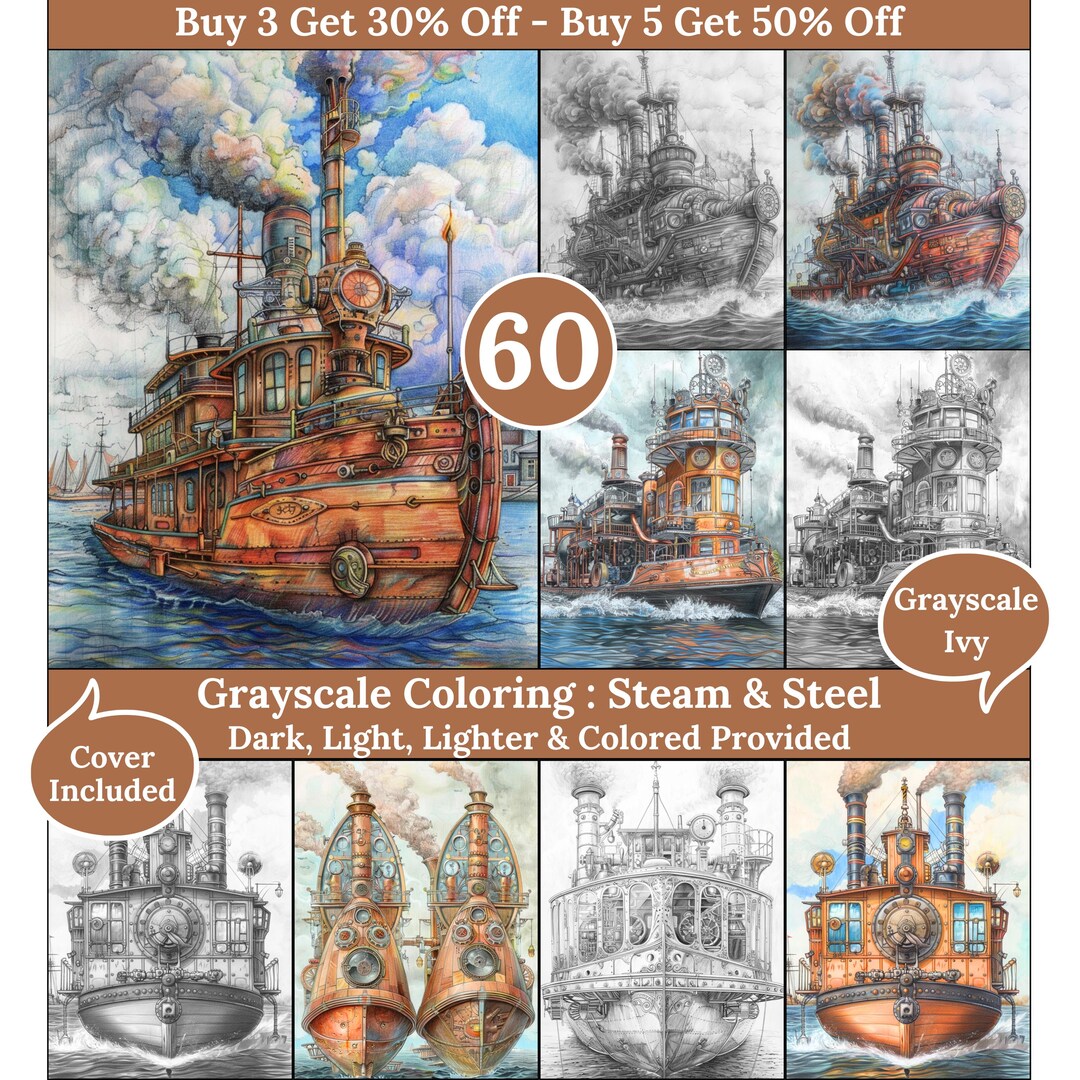Steam and Steel, 60 Coloring Pages for Adults, Stress Relief, Grayscale ...