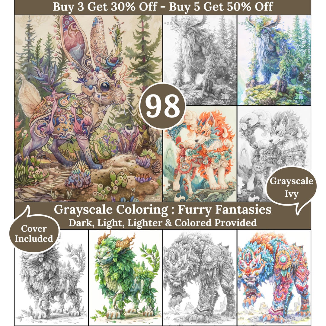 Furry Fantasies, 98 Coloring Pages, Stress Relief, Grayscale Drawings ...