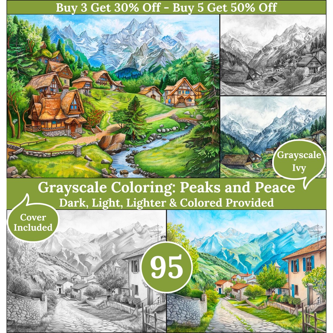 Peak and Peace, 95 Coloring Pages, Grayscale Drawings, Dark Light ...
