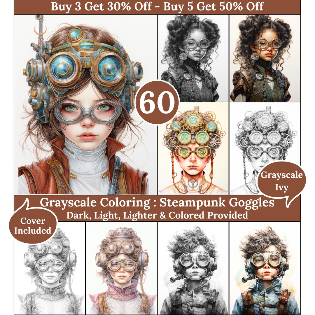 Steampunk Goggles, 60 Coloring Pages, Stress Relief, Grayscale Drawings ...
