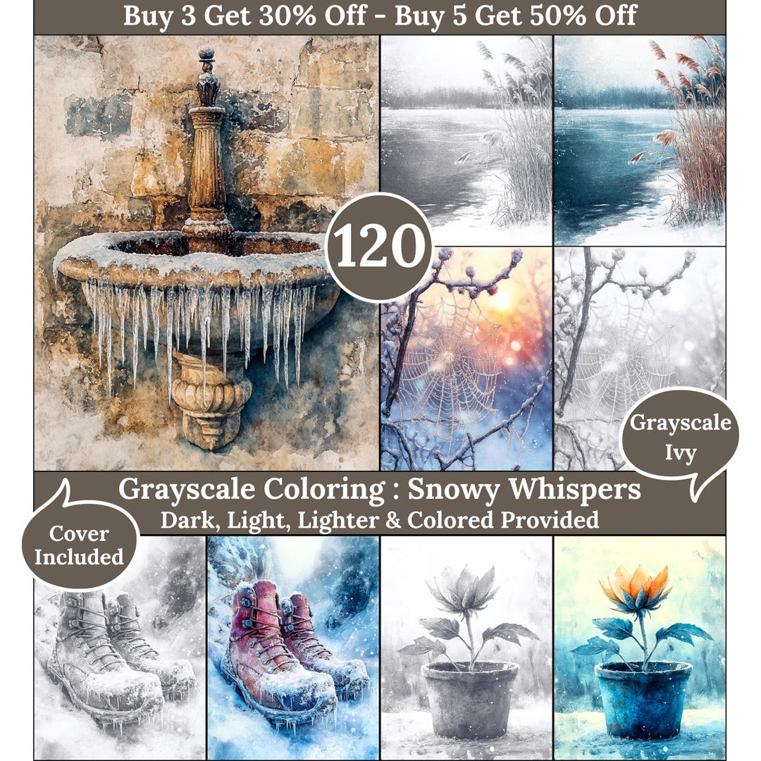 Snowy Whispers, 120 Coloring Pages, Grayscale Drawings, Dark Light ...