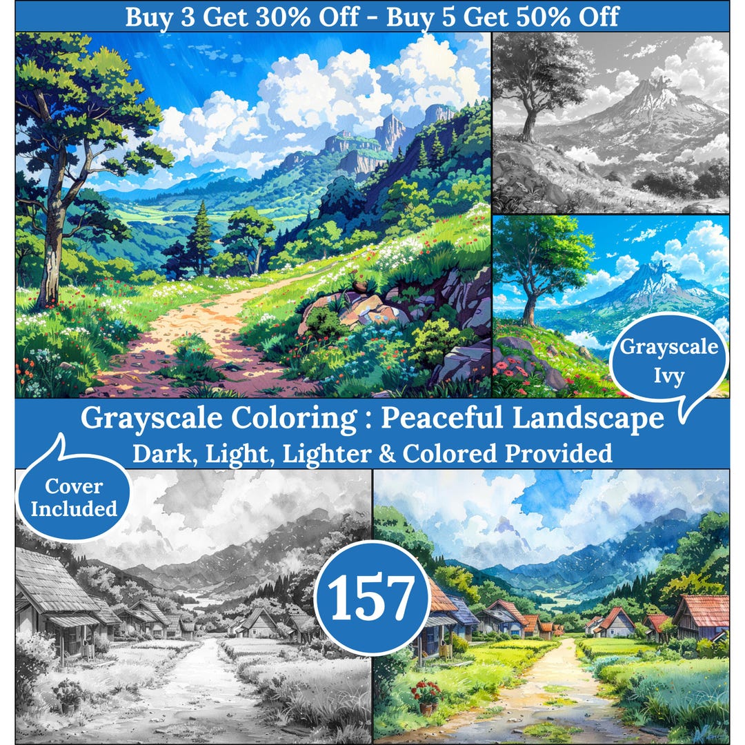 Peaceful Landscape, 157 Coloring Pages, Grayscale Drawings, Dark Light ...