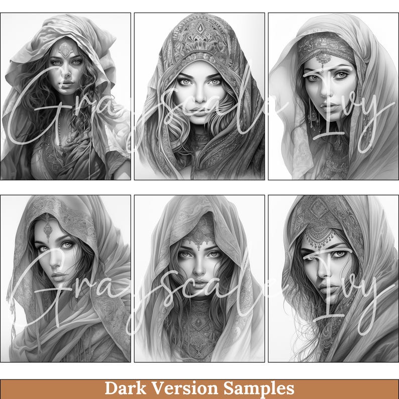 Veiled, 70 Coloring Pages, Stress Relief, Grayscale Drawings, Dark ...
