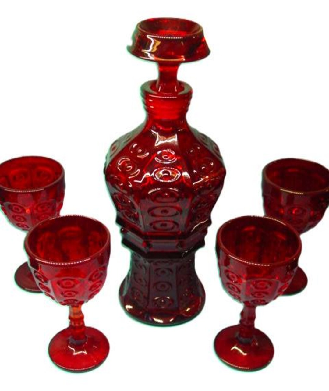 Viking Ruby Red Yesteryear Bullseye Pattern Vintage Decanter and 4 Wine ...