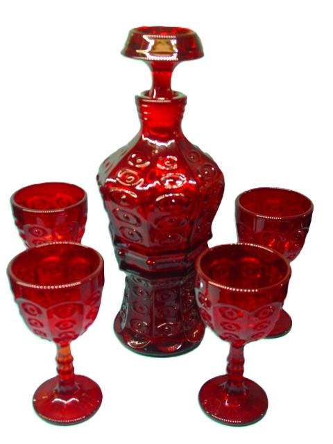 Viking Ruby Red Yesteryear Bullseye Pattern Vintage Decanter and 4 Wine ...