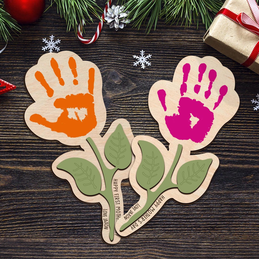 Custom DIY Handprint Sign, Personalized Wooden Flower Handprint, Mother ...