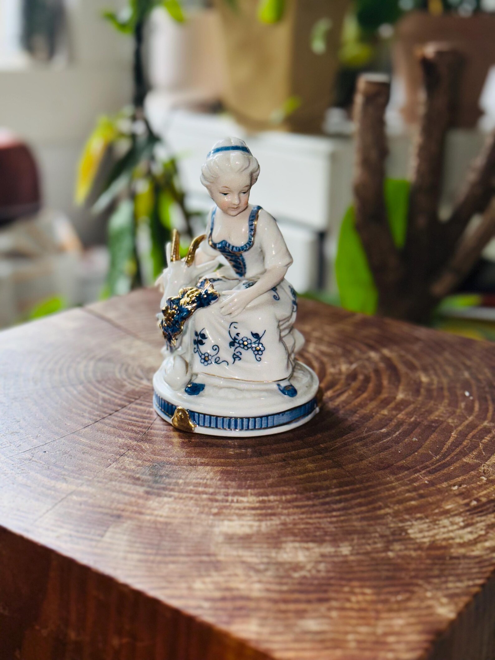 IVO Porcelain Victorian Style Figurine - Goat & Woman (blue and White ...