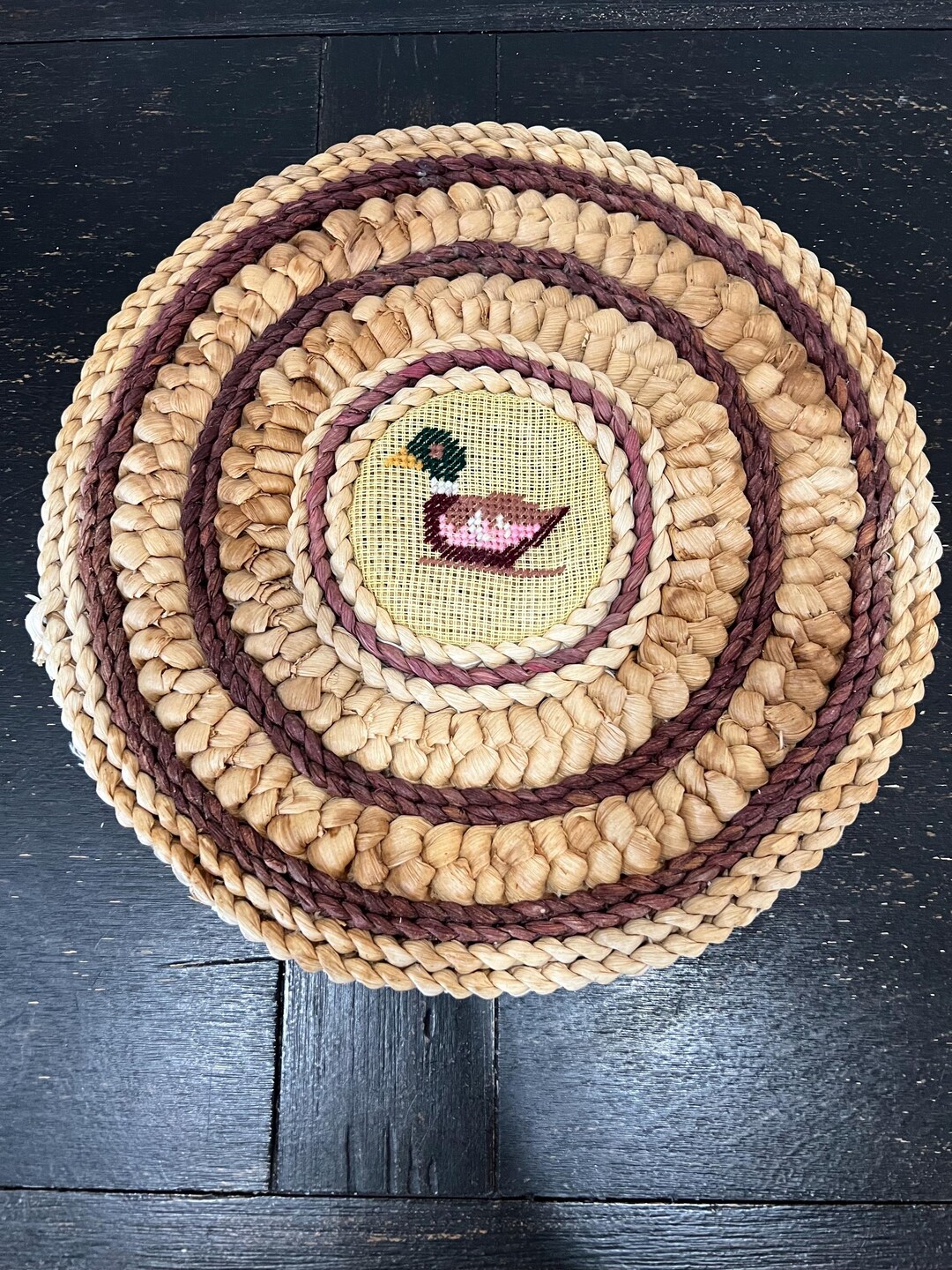 Vintage Woven Raffia Trivet: Embroidered Duck Hot Pad, 11.5” - Etsy