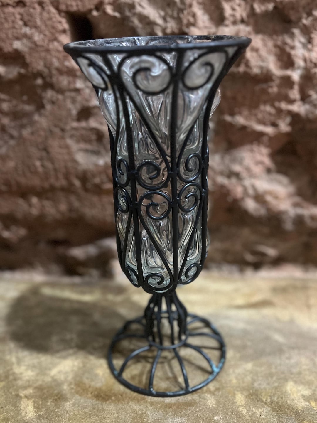 Vintage Hand Blown Caged Glass Vase, Wrought Iron Vase, Murano Style Vase, Art Deco Vase, 11 ...