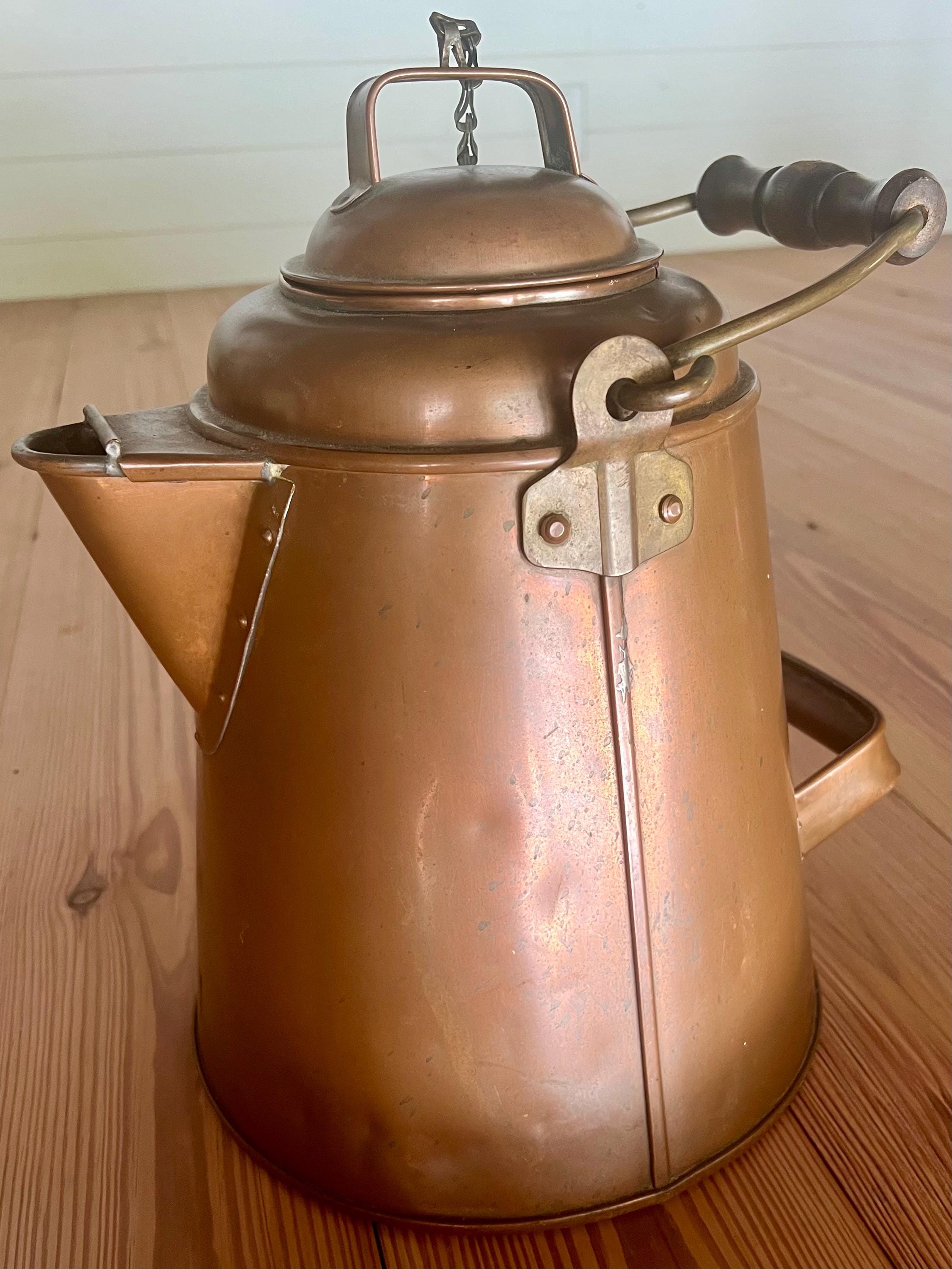 Antique 19th Century Copper Coffee Kettle Campfire Pot 14” With Wooden ...