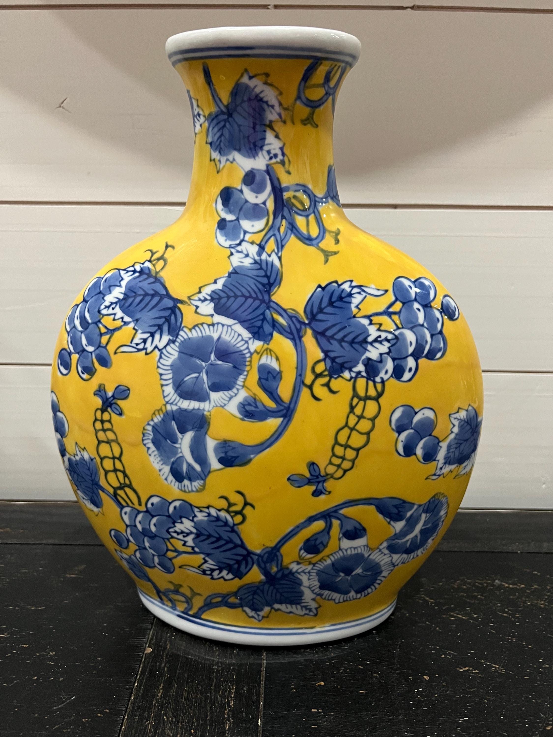 Vintage Yellow and Blue Chinese Pottery Vase 12high - Etsy