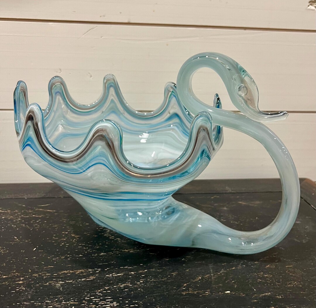 Vintage Swag Glass Swan Bowl, Blue, Table Centerpiece, Hand Blown ...