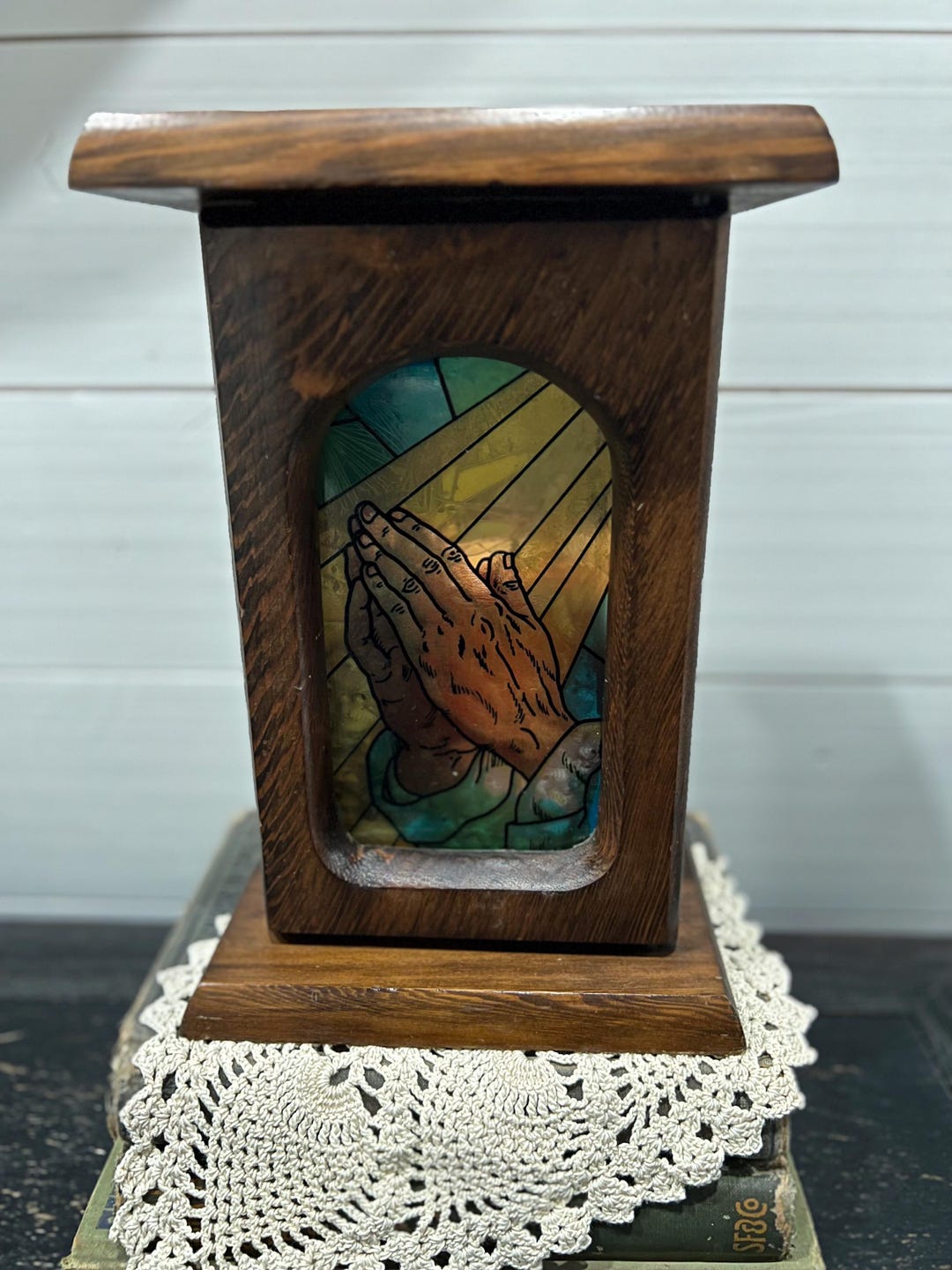 Vintage Praying Hands Stained Glass Wooden Candle Box With Candle - Etsy